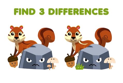 어린이를 위한 교육 게임은 바위 뒤에 있는 두 개의 귀여운 만화 다람쥐 사이의 세 가지 차이점을 찾아 인쇄할 수 있는 자연 워크시트 프리미엄 벡터