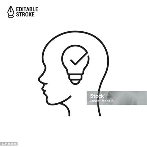 전구및 진드기 아이콘으로 머리를 맞습니다 새로운 좋은 아이디어의 개념 편집 가능한 선이 있는 벡터 윤곽선 아이콘 전구에 대한 스톡 벡터 아트 및 기타 이미지 Istock