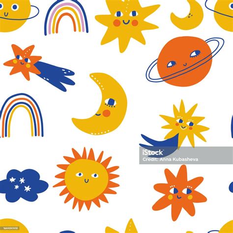 유치한 손으로 그린 이음매 없는 반복적인 색상의 단순한 평면 패턴은 흰색 배경에 다른 행성과 별이 있습니다 행성과의 원활한 패턴 0명에 대한 스톡 벡터 아트 및 기타 이미지