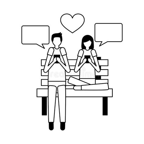 Couple Using Mobile In The Bench Park Stock Illustration Illustration Of Happy Girl 145631809