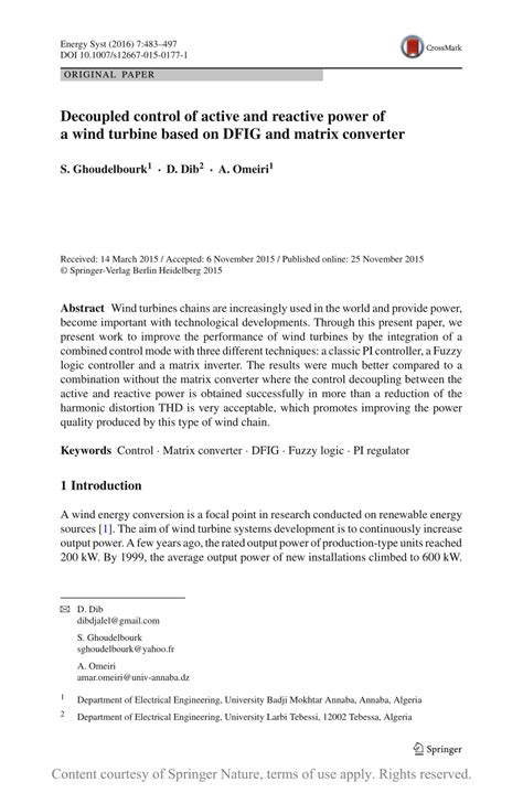 Decoupled Control Of Active And Reactive Power Of A Wind Turbine Based