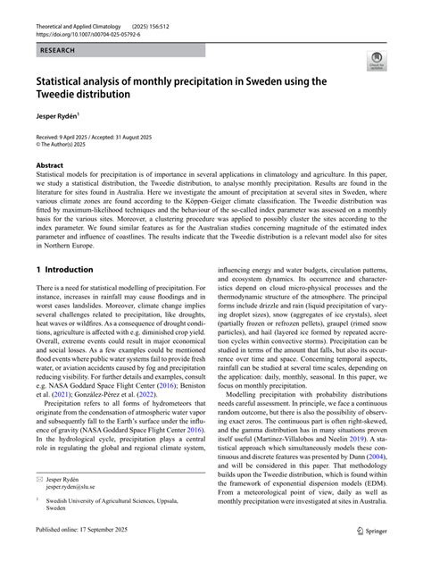 Pdf Statistical Analysis Of Monthly Precipitation In Sweden Using The