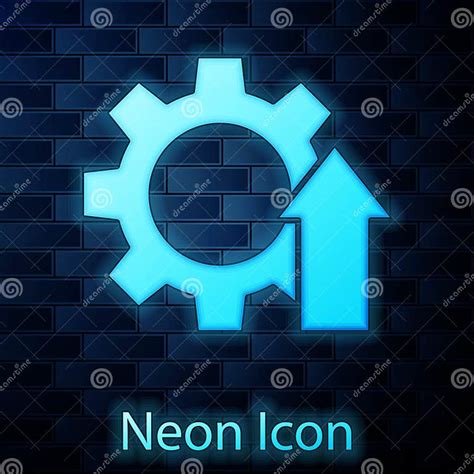 Glowing Neon Arrow Growth Gear Business Icon Isolated On Brick Wall