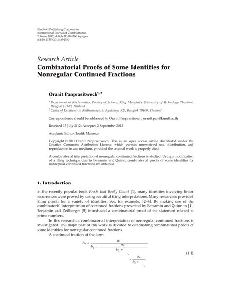 Pdf Combinatorial Proofs Of Some Identities For Nonregular Continued
