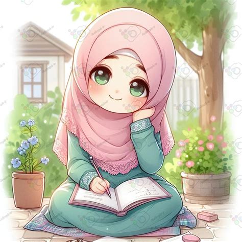 بک گراند کودکانه دختر ناز با حجاب دانش آموز در حال مشق نوشتن کد 41818