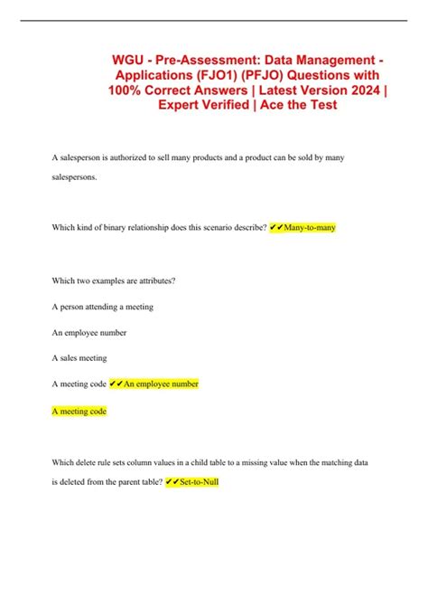 WGU Pre Assessment Data Management Applications FJO1 PFJO Questions With 100 Correct