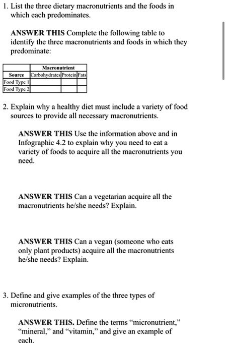 Solved List The Three Dietary Macronutrients And The Foods In Which Each Predominates Answer
