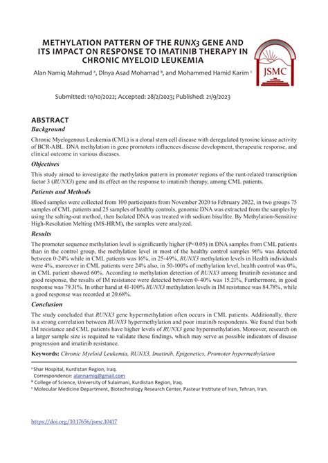 Pdf Methylation Pattern Of The Runx3 Gene And Its Impact On Response