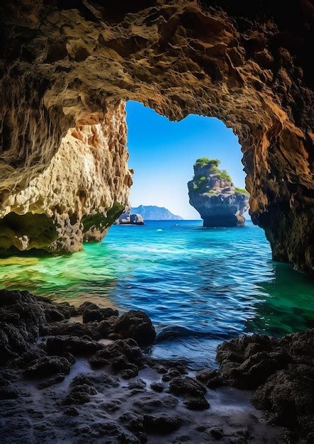 Vista De La Cueva Océano Rocas Increíble Paraíso Griego País De Las Hadas Luz Cáusticos Ver