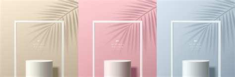 베이지색 파란색 분홍색의 실린더 스탠드 연단이있는 사실적인 추상 3d 배경 세트 사각형 프레임 팜 리프 그림자 벡터 기하학적 형태 최소한의 장면 무대 쇼케이스 모형 제품
