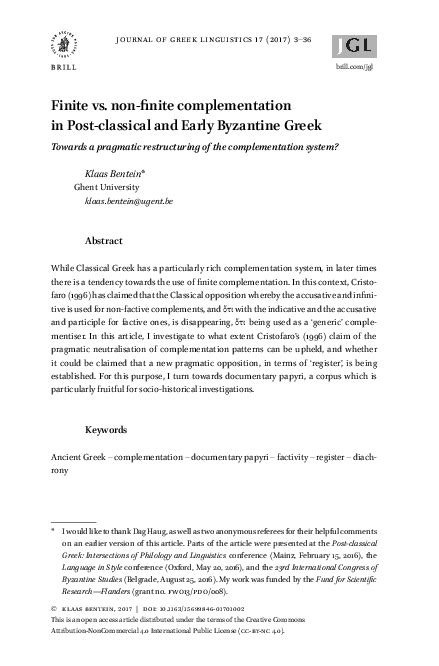 Pdf Bentein K 2017 Finite Versus Non Finite Complementation In Post Classical And Byzantine