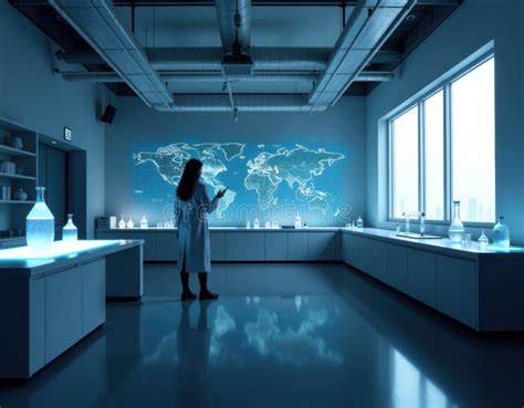 Female Scientist Studying Global Data On Interactive World Map In Modern Lab Stock Illustration Female Scientist Studying Global Data On Interactive World Map In Modern Lab Stock Illustration