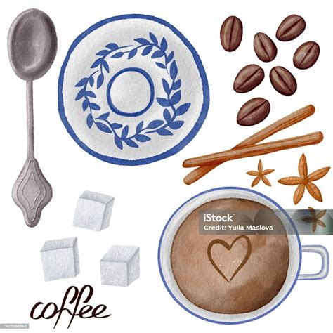 커피 접시 숟가락 설탕 커피 계피 한 잔 수채화 스타일의 커피를 주제로 한 이미지 세트 흰색 배경에 고립 된 그림 0명에 대한 스톡 벡터 아트 및 기타 이미지 Istock