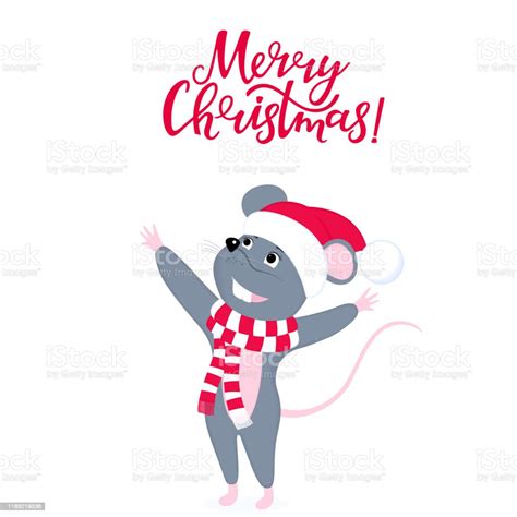 쥐는 2020 년 중국 설날의 상징이다 산타 클로스와 스카프의 모자에 재미 만화 마우스 귀여운 미소 쥐 겨울 축하 메리