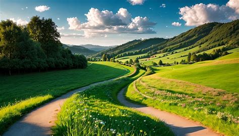 Premium Photo Picturesque Winding Path Through A Green Grass Field In Hilly Area In Morning At