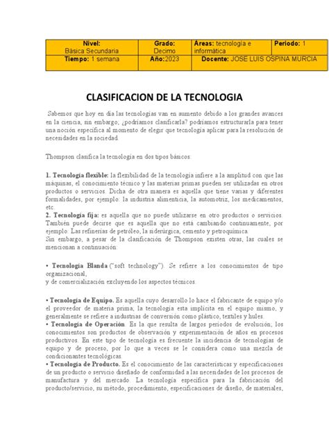 Clasificacion De La Tecnologia Grado 10 2023 Pdf