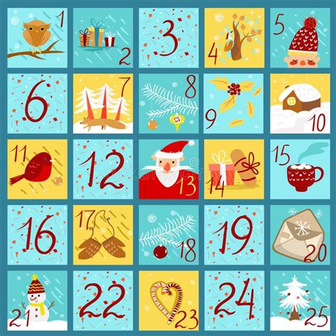 Advent Calendar In Doodle Style Yellow And Blue Colors Stock