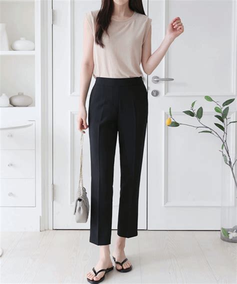 런던의옷장 여름 40대 미시 커리어우먼 기본 심플룩 뒷밴딩 일자 정장 오피스룩 출근 하객 슬렉스 바지