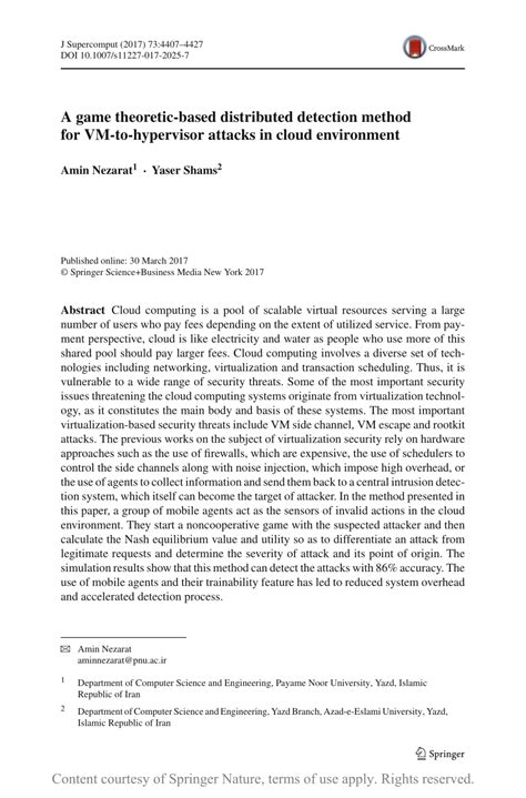A Game Theoretic Based Distributed Detection Method For Vm To Hypervisor Attacks In Cloud