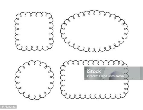 낙서 원과 사각형 가리비 프레임 손으로 그린 가리비 가장자리 사각형과 타원 모양 간단한 라벨 양식 플라워 실루엣 레이스 프레임 흰색 배경에 격리된 벡터 그림 프릴에 대한