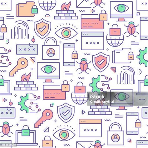 트렌디 한 선형 스타일의 사이버 보안을위한 디자인 템플릿 및 요소의 벡터 세트 사이버 보안과 관련된 선형 아이콘이있는 원활한 패턴 벡터 개인정보보호 규정에 대한 스톡 벡터