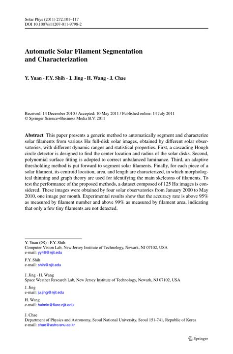 Pdf Automatic Solar Filament Segmentation And Characterization