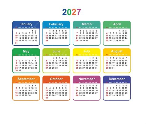 Grilla De Calendario 2027 Vector Colorido Diseño Sencillo De Bolsillo O