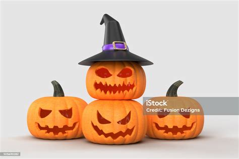 호박과 마녀 모자로 할로윈 배경 모형 할로윈 개념 모형 3d 렌더링 10월에 대한 스톡 사진 및 기타 이미지 10월 개념 계절 Istock