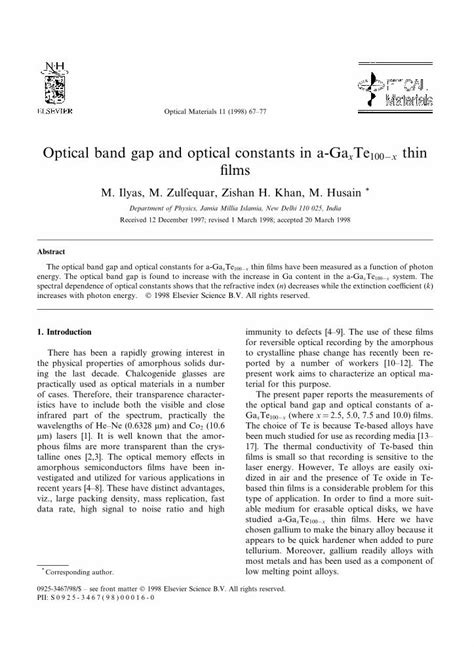 Pdf Optical Band Gap And Optical Constants In A Gaxte100−x Thin Films