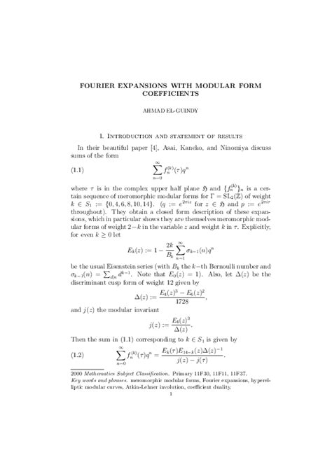 Pdf Fourier Expansions With Modular Form Coefficients