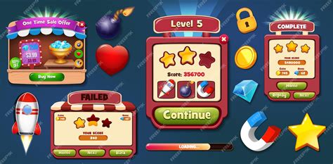 premium vector casual game ui kit menus pop up screens and game elements