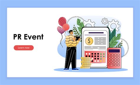 Pr 이벤트 랜딩 페이지 금화와 계산기 근처에 태블릿을 가진 남자 회사 또는 조직의 홍보 홍보 관리자 평면 벡터 일러스트 레이 션 공연에 대한 스톡 벡터 아트 및 기타