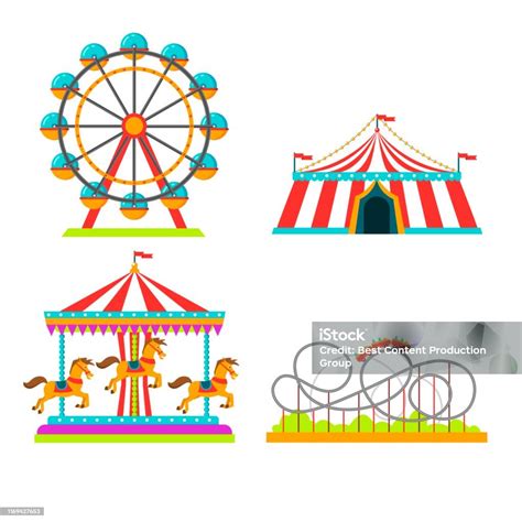 어트랙션 놀이기구 서커스 텐트 메리 고 라운드 회전 목마 및 관측 휠 또는 롤러 코스터의 놀이 공원 벡터 그림 관람차에 대한 스톡 벡터 아트 및 기타 이미지 Istock