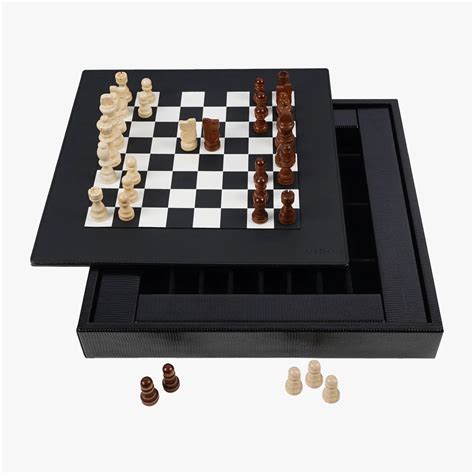 Jet Black Chess Set Lizard Embossed Vegan Leather Vido