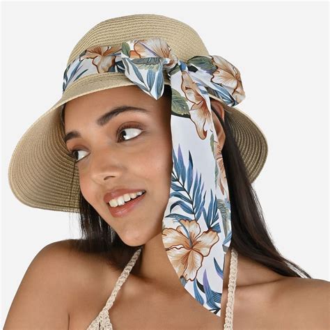 Buy Toniq Women Papyrus Cream Floral Printed Scarf Summer Beach Hat Online