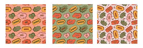 짧은 메시지와 함께 말풍선이 있는 귀여운 이음매 없는 패턴 세트 다양한 모양의 손으로 쓴 대화 문구가 있는 낙서 채팅 구름이 있는 배경 그루비 스타일의 디자인 템플릿 배경