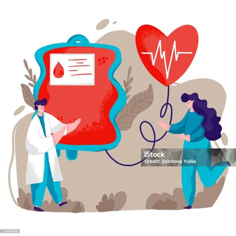 혈액 기증 개념 벡터 그림입니다 기증자 남성 캐릭터는 생명을 구하기 위해 자신의 혈액을주고 대가로 감사 붉은 마음을수신 가방에 대한 스톡 벡터 아트 및 기타 이미지 Istock