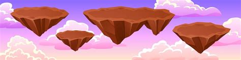 분홍색 하늘 게임 벡터 그림에 떠 있는 육지 섬 2d 모바일 비디오 게임 환경에서 점프하기 위해 빈 지상 플랫폼이 있는 만화 수준 바위 무대와 보라색 구름 장면이 있는