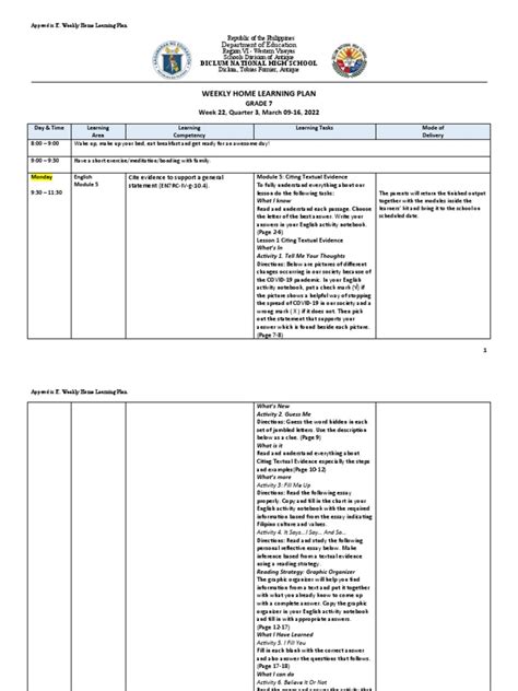 Weekly Home Learning Plan Department Of Education Pdf Learning Multiple Choice