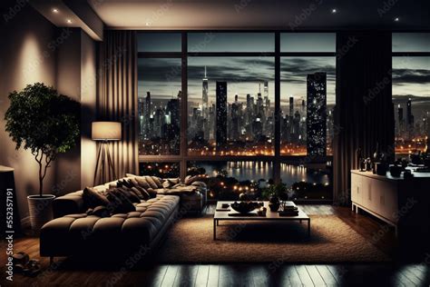 Generative Ai Illustration Of Luxury Penthouse At Night Stock