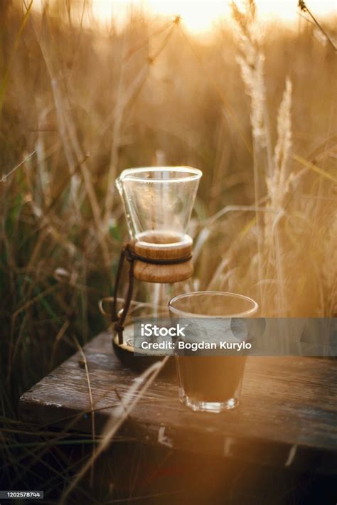 시골 허브의 햇볕이 잘 드는 따뜻한 빛의 배경에 유리 컵과 유리 플라스크에 뜨거운 커피 여행 중 야외에서 커피를 양조하는 대체 커피 대기 소박한 조용한 순간 세로 이미지 0