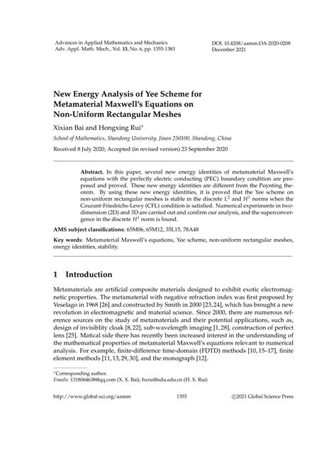 Global Science Press New Energy Analysis Of Yee Scheme For Metamaterial Maxwells Equations On