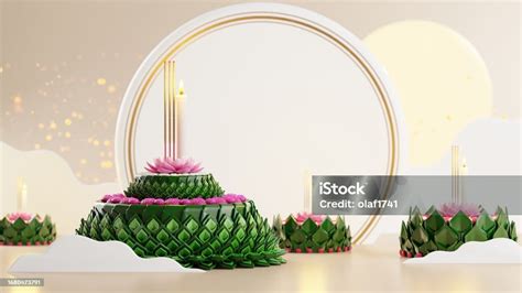 3d 렌더링 일러스트레이션 바나나 잎 꽃 양초 향 보름달 강 밤 배경색으로 만든 태국 끄라통의 로이 끄라통 축제와 이펭 축제 0