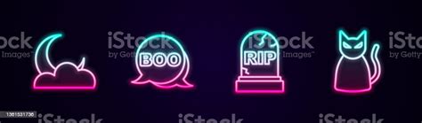 세트 라인 달과 별 부 스피치 버블 Rip 작성 및 검은 고양이와 삭제 돌 빛나는 네온 아이콘 벡터 10월에 대한 스톡 벡터 아트 및 기타 이미지 Istock