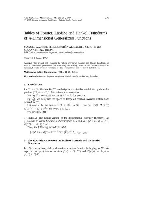 Pdf Tables Of Fourier Laplace And Hankel Transforms Of U N Dimensional Generalized