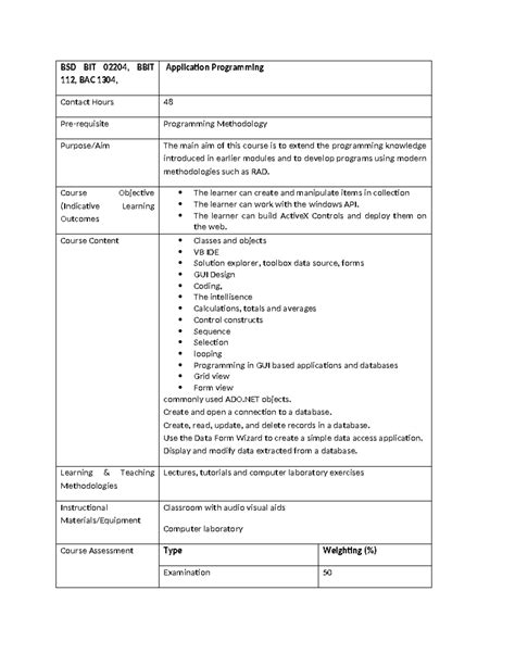 Course Outline And Introduction To Visual Basic Bsd Bit 02204 Bbit