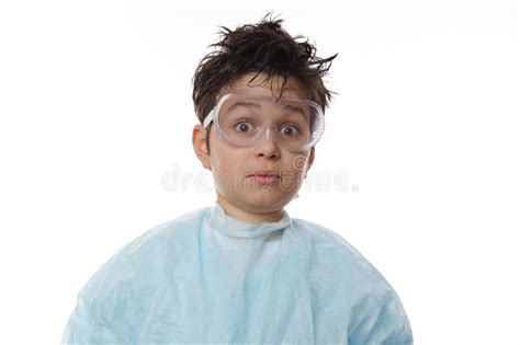 Close Up Smart Teenage Babe Nerd Scientist In Labwear And Goggles Looking At Camera With