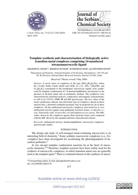 Pdf Template Synthesis And Characterization Of Biologically Active Transition Metal Complexes