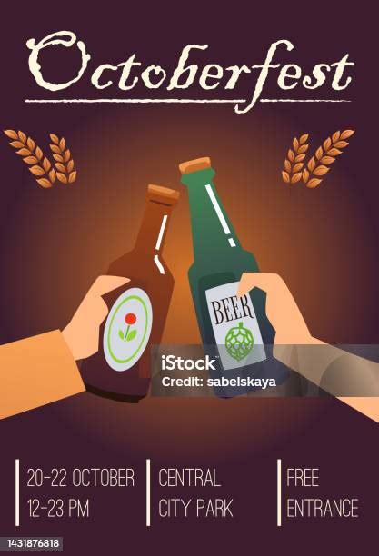 맥주 병을 평평한 스타일로 들고있는 환호 손과 함께 Octoberfest에 관한 포스터 Brewmaster에 대한 스톡 벡터 아트 및 기타 이미지 Brewmaster