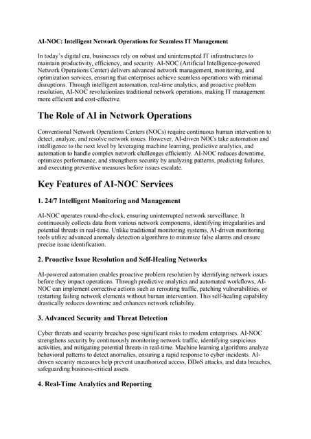 Ai Noc Intelligent Noc Services For Reliable Network Management Docx